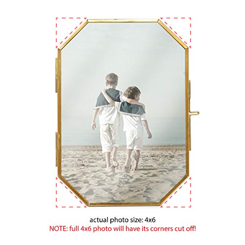 Isaac Jacobs 4x6 Vintage Style Octagon Brass & Glass, Metal Floating Picture Frame with Locket Closure (Vertical), Made for Tabletop Display, (Fits up to a cutout 4β x 6β - See images for other sizes)