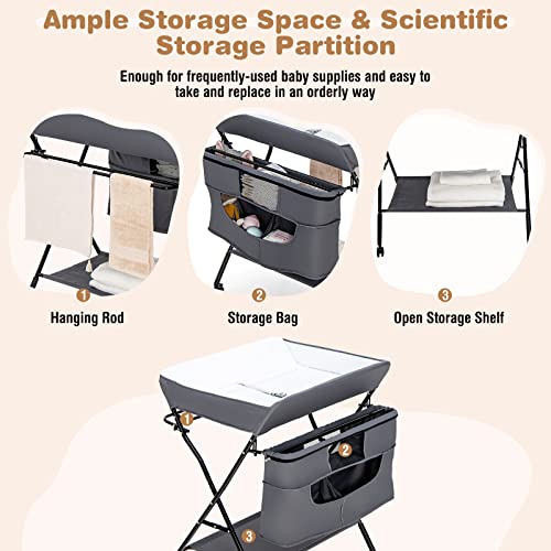 HONEY JOY Changing Table, Folding Mobile Nursery Organizer w/Wheels, Adjustable Height, Storage Bag & Open Shelf, Portable Diaper Changing Station for Newborn (Gray, 31.5"x26"x40")
