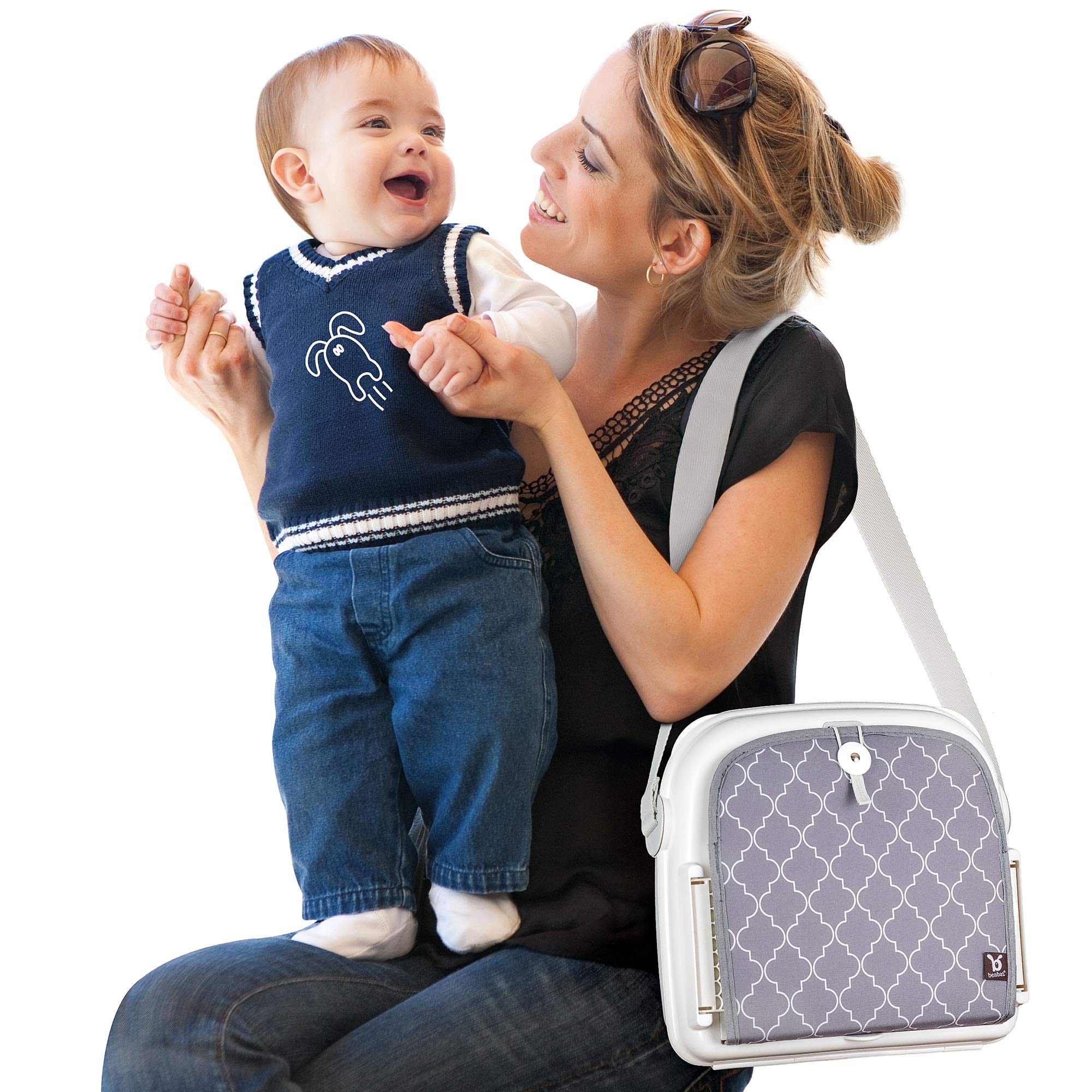 New Baby Booster Seat for Dining Table by Benbat. Portable, Washable Infant Feeding High Chair. Easy Folding & Adjustable Safety Harness (Gray)
