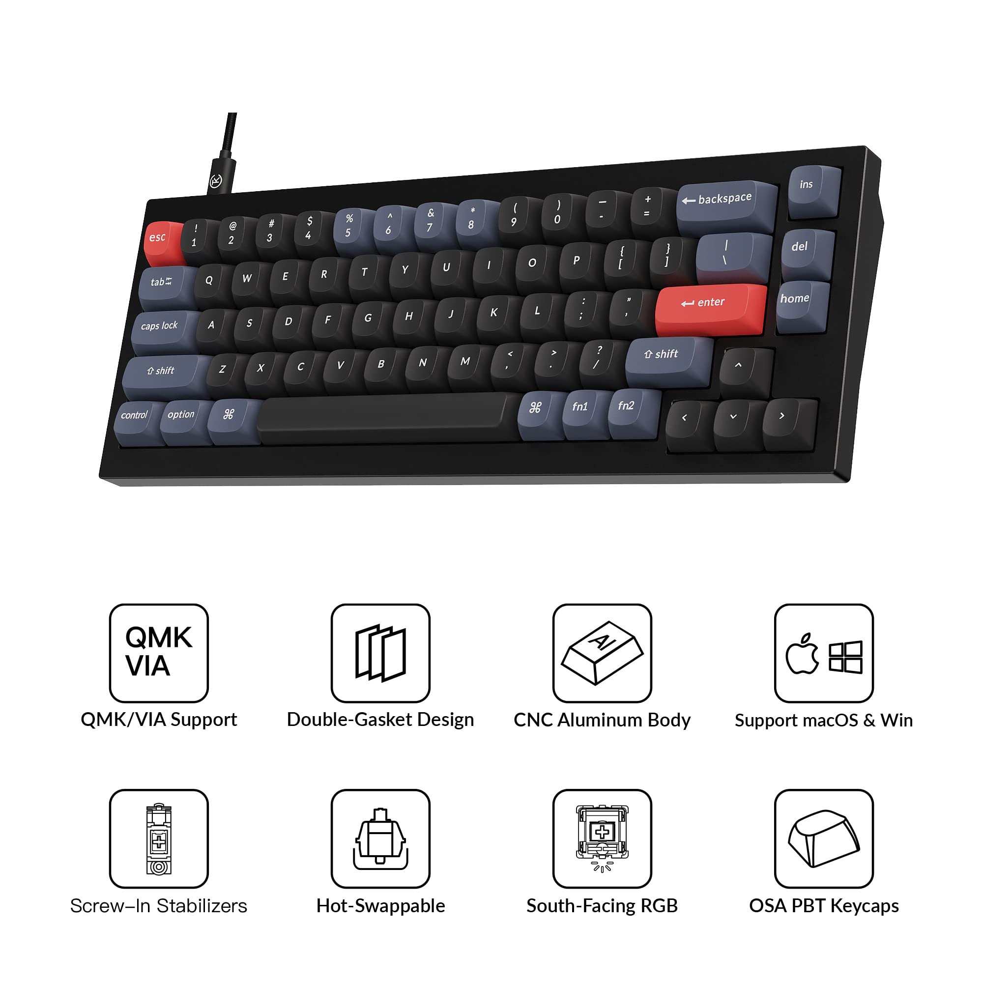 Keychron Q2 Wired Custom Mechanical Keyboard, QMK/VIA Programmable Macro, Full Aluminum, Hot-Swappable Gateron G Pro Brown Switch, 65% Layout Double Gasket Compatible with Mac and Windows - Black