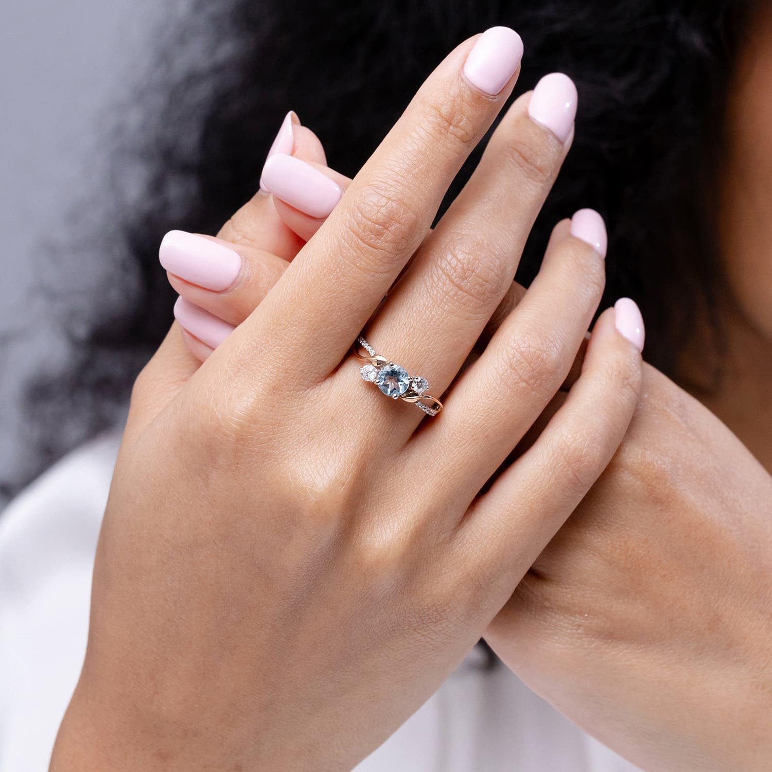 Angara Aquamarine and Diamond Twisted Vine Ring in 14K White & Rose Gold (5mm Aquamarine) March Birthstone