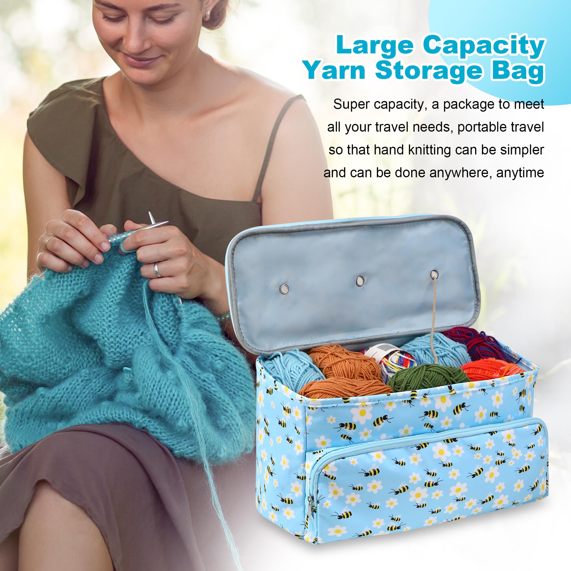 JOZEA Crochet Bag,Yarn Storage Organizer Tangle Free with 3 Grommets, Knitting project Bag and Totes Organizer Large Craft Supplies Bag(Honeybee)