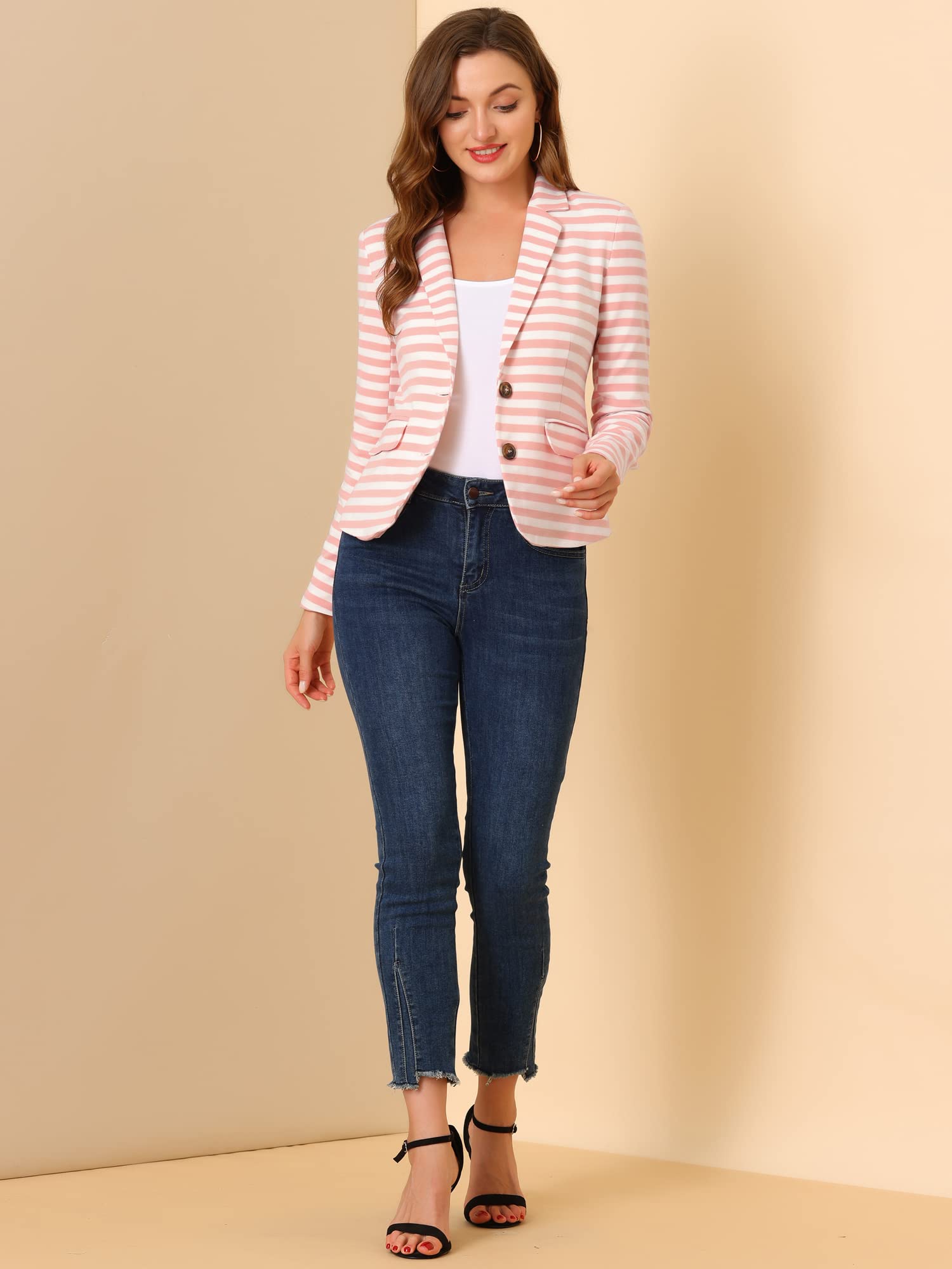 Allegra K Women's Notched Lapel Pocket Button Closure Striped Blazer Medium White Pink