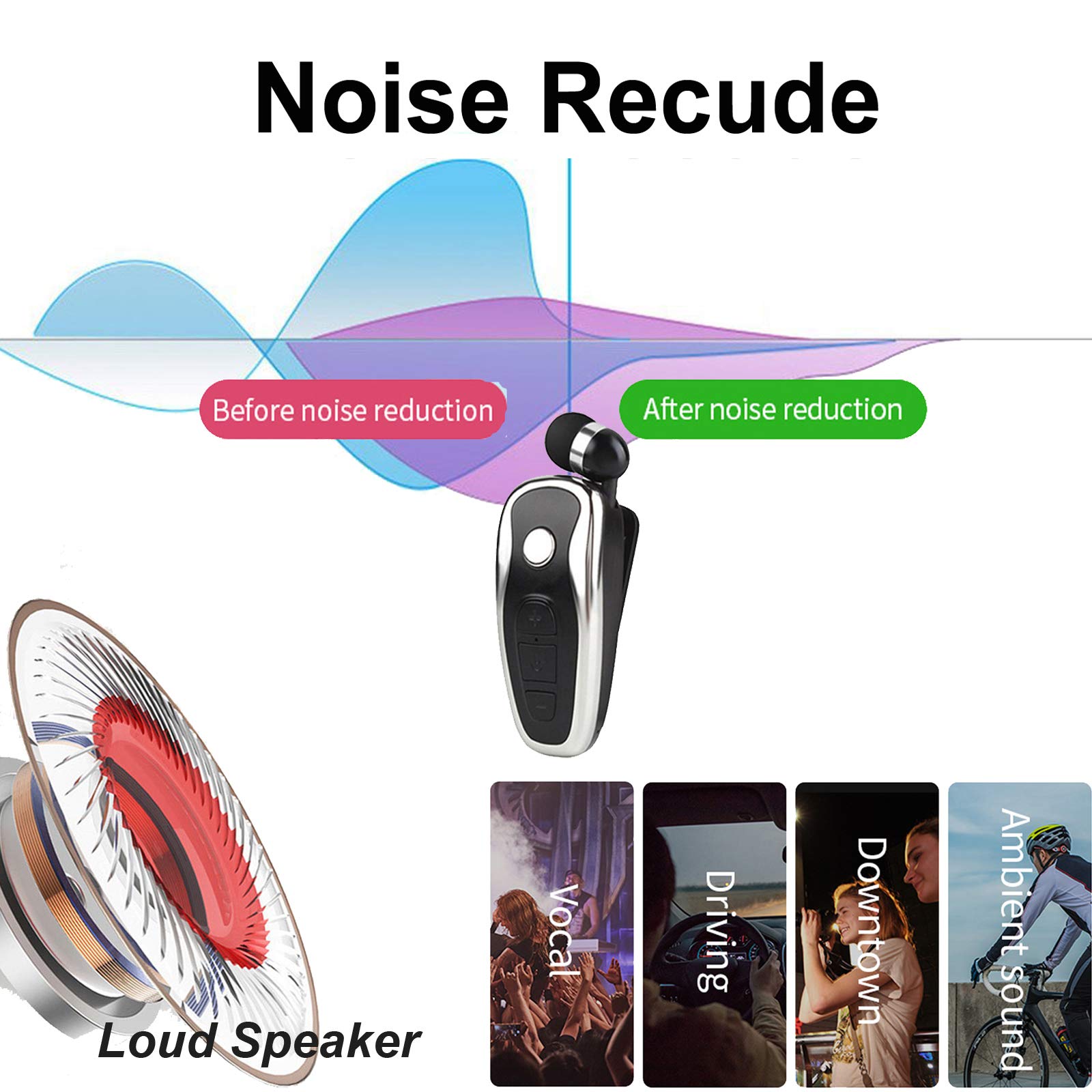 Retractable Wireless Headphone Headset Stereo Earphone lightweight V5.0 Noise Cancelling Mic Clip on Earpiece workout Sports running Business Trucker Driver Music Earbuds For Iphone android Phone