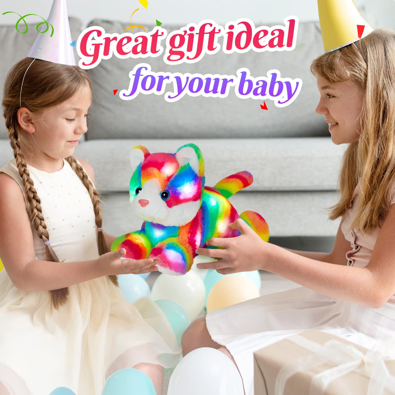 Glow Guards 13'' Light Up Rainbow Cat Plush Toy with LED Night Light & Lullaby for Kids, Soft Stuffed Animal Christmas & Birthday Gift