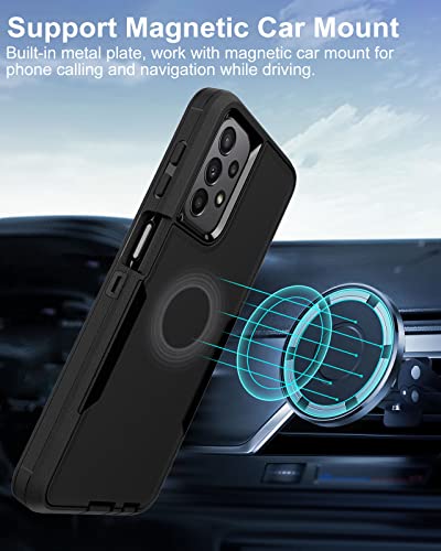 Dahkoiz Samsung Galaxy A23 5G/4G Phone Case, with Glass Screen Protector, Dust-Proof Port Cover, Magnetic Car Mount Support, Full Body Silicone Rubber Protection, Black/Black