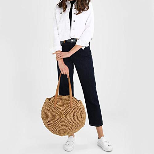 Donalworld Women Round Straw Pompom Shoulder Bag Corn Summer Woven Bags Coffee