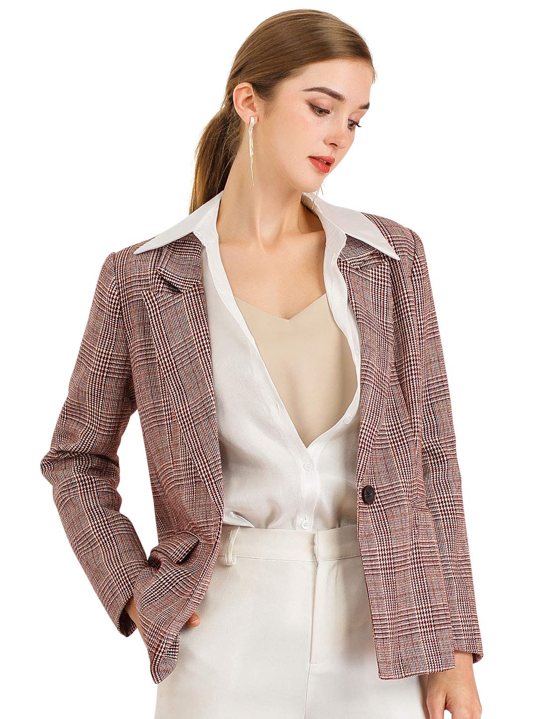 Allegra K Women's Notched Lapel One Button Boyfriend Blazer Suit Plaid Blazer Jacket Small Burgundy