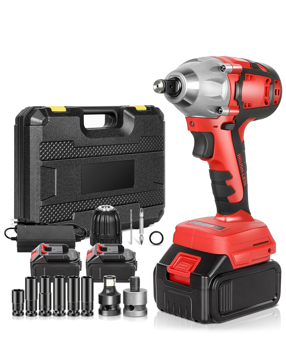 GCCSJ Cordless Impact Wrench 1/2 Inch Brushless High Torque Wrenches 210 ft-lbs Right Angle Detent Anvil Impact Drive Set Kit 2 Battery 18V 2300RPM Chuck/Drill/Sockets/Tool Box/Fast Charger