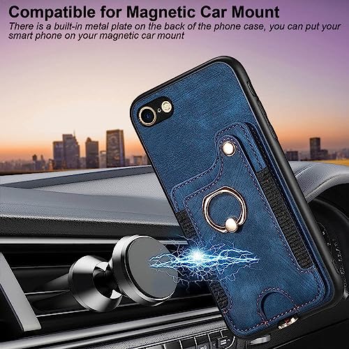 JanCalm for iPhone SE Case 2022/SE 2020 Case,for iPhone 8/7 Case,Card Holder Wallet,Ring Holder Stand,RFID-Blocking,Wrist Strap,Camera Protector,Leather Protective Magnetic Flip Cover (Blue)