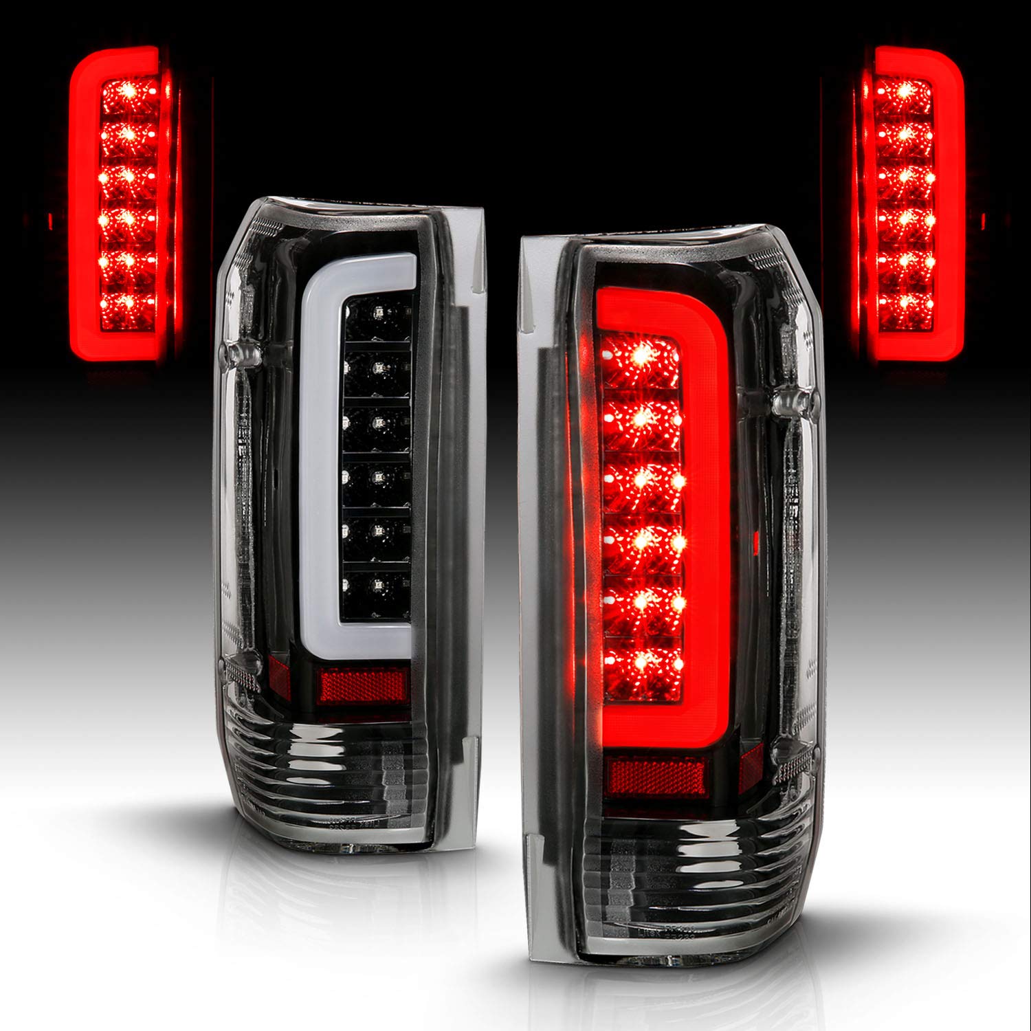 AmeriLite Truck 3D C-Type Halogen, Led, Tube Replacement Tail Light Set For 1989-1996 Ford F150 Bronco F250 F350- Passenger and Driver Side, Vehicle Light Assembly, Black