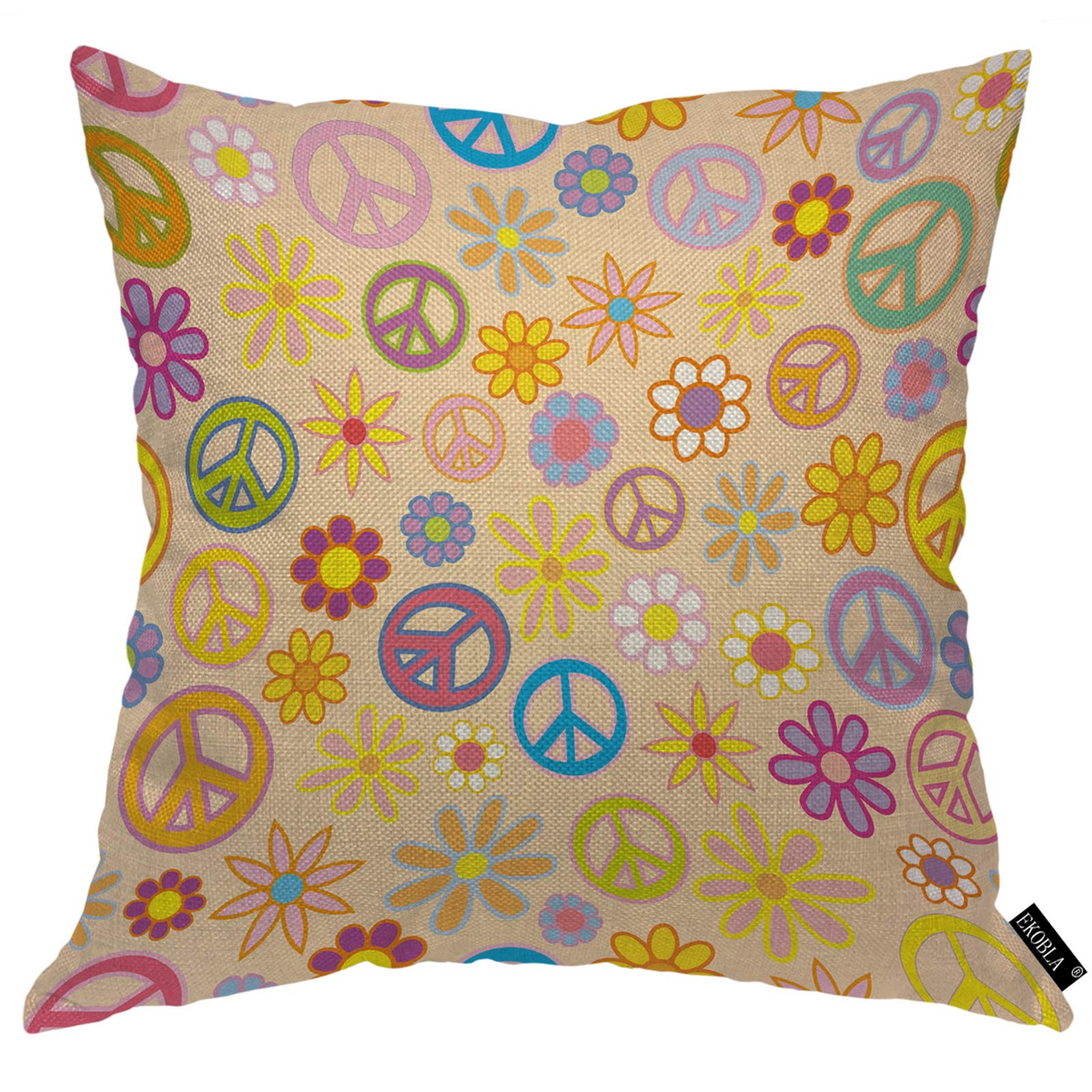 EKOBLA Peace Signs Throw Pillow Cover Colorful Flowers Groovy Garden Cartoon Harmony Summer Symbol Cozy Square Cushion Case for Men Women Boys Girls Room Home Decor Cotton Linen 18x18 Inch