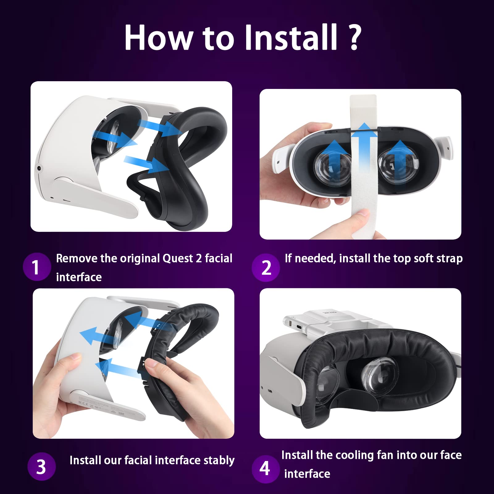 Aoife VR Fan Compatible with Oculus Meta Quest 2, Anti-Fog Active Air Circulation Vent Cooler Fan with Facial Interface and PU Sweat-Proof Face Cover, VR Accessories for Quest 2