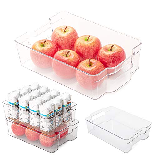 Smart Design Stackable Refrigerator Organizer Bins for Fridge Storage â Clear, 8 x 12 in., Set of 4 â Fridge Organization and Storage Bins with Handles for Easy Living â BPA-Free Plastic