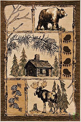 HR Cabin Rug–Lodge, Cabin Nature and Animals Area Rug–Modern Geometric Design Cabin Area Rug–Abstract, Multicolor Design– Moose/Bear/Lodge/Nature