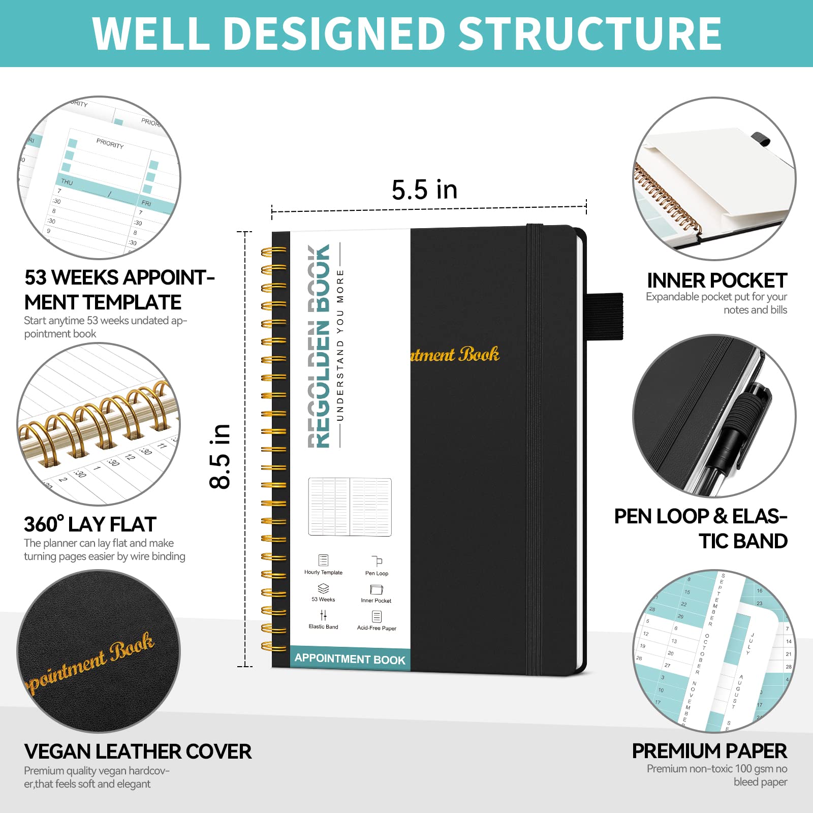 Appointment Book Undated Planner , Regolden-Book Daily Hourly Schedule Planner with 30-Minute Increments, Appointment Hardcover notebook with Weekly Templates, Hardcover, Spiral Binding Notebook for Man & Women, Pen Loop, Inner Pocket 53 Weeks (5.5x8.5”)