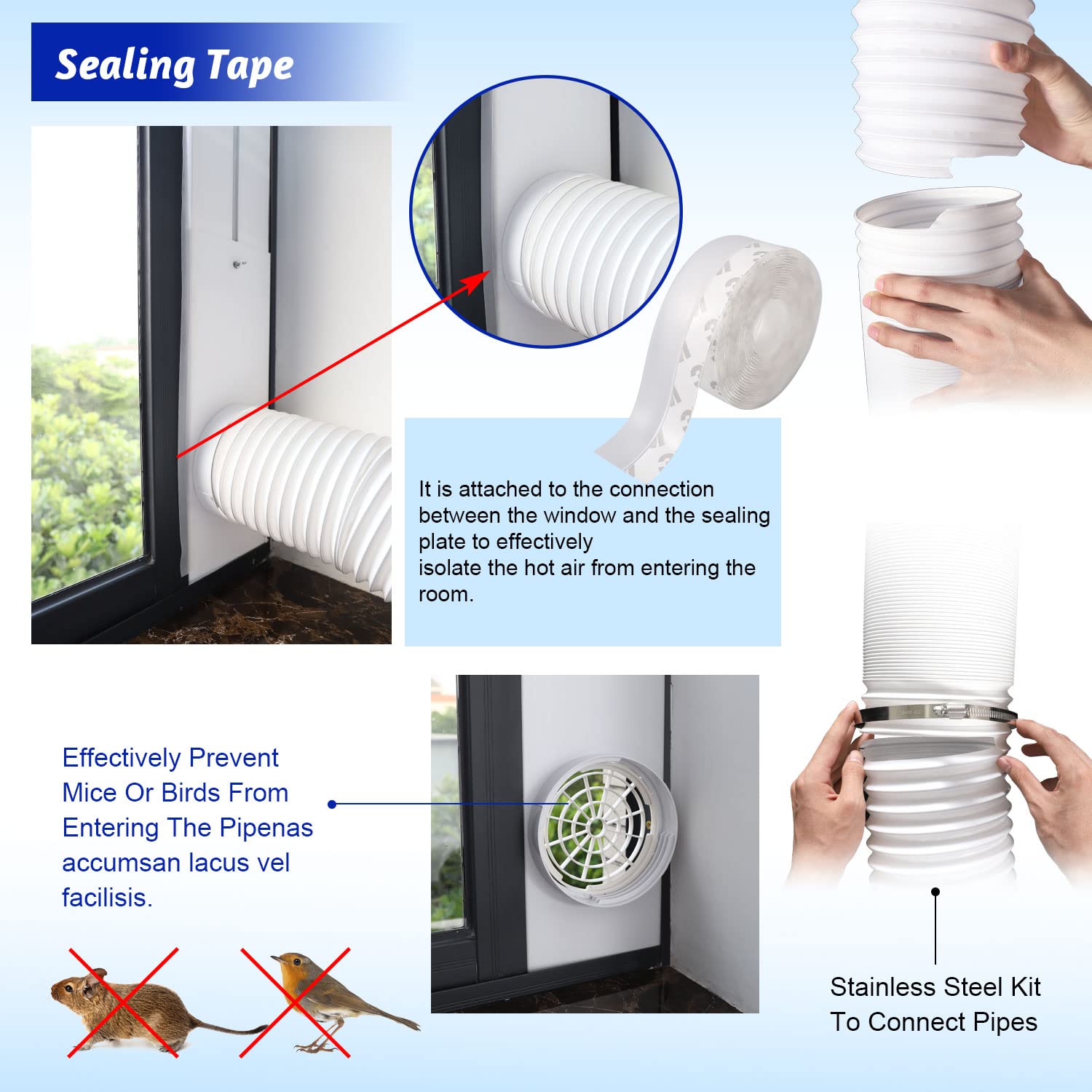 GNILLKO Portable Air Conditioner AC Window Kit with 5.9" Exhaust Hose & Coupler, Adjustable Window Seal Kit Plate for AC Unit, Portable AC Window Vent Kit for Sliding Horizontal & Vertical Window