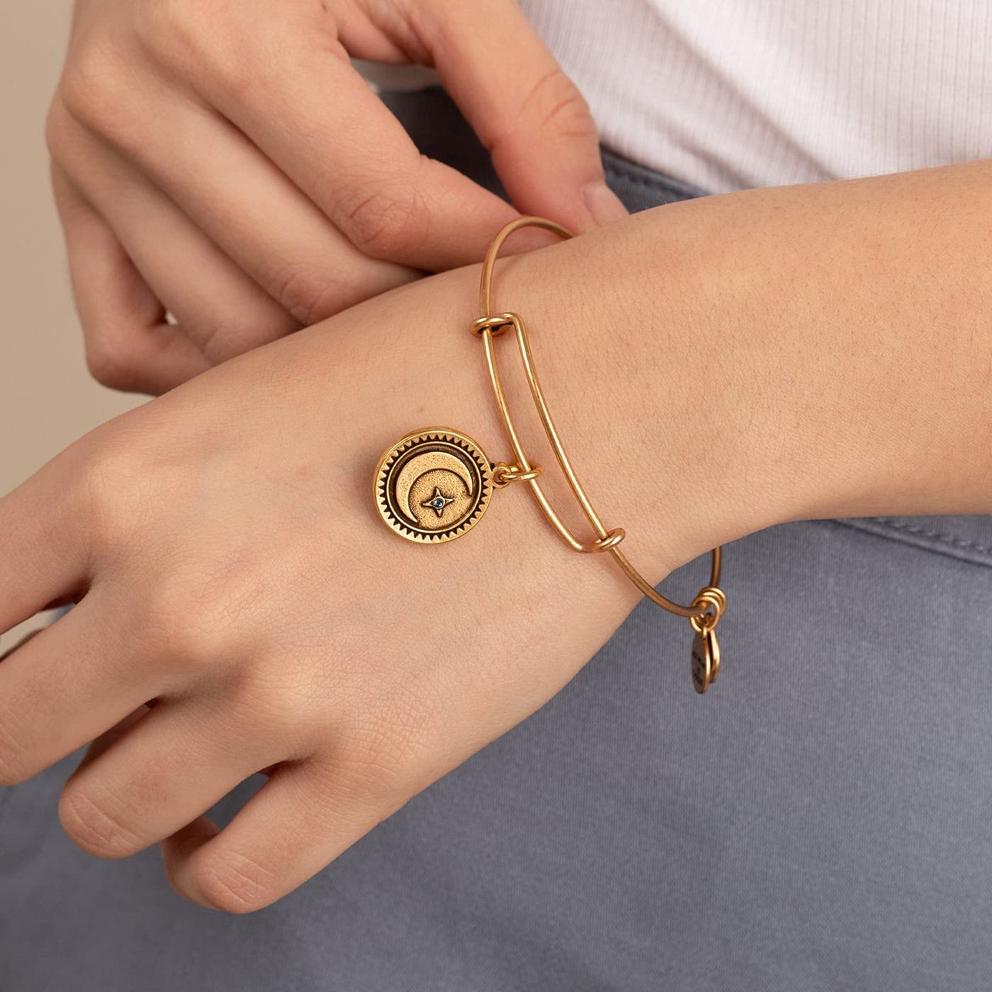 Alex and Ani Path of Symbols Expandable Bangle for Women, Crescent Moon Charm, Rafaelian Gold Finish, 2 to 3.5 in