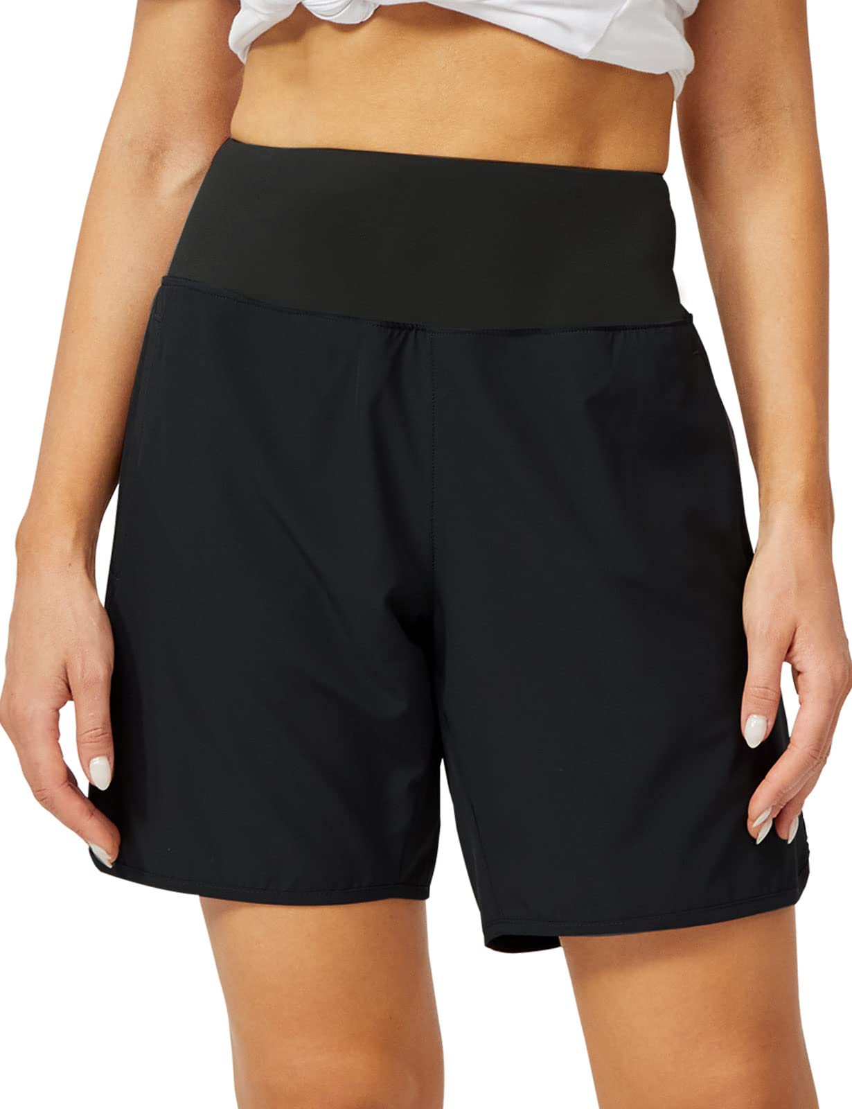 ALWZ-RDY Women Long Athletic Shorts Lightweight 7 inch Quick-Dry Running Shorts with Mesh Liner Back Zipper Pocket Black