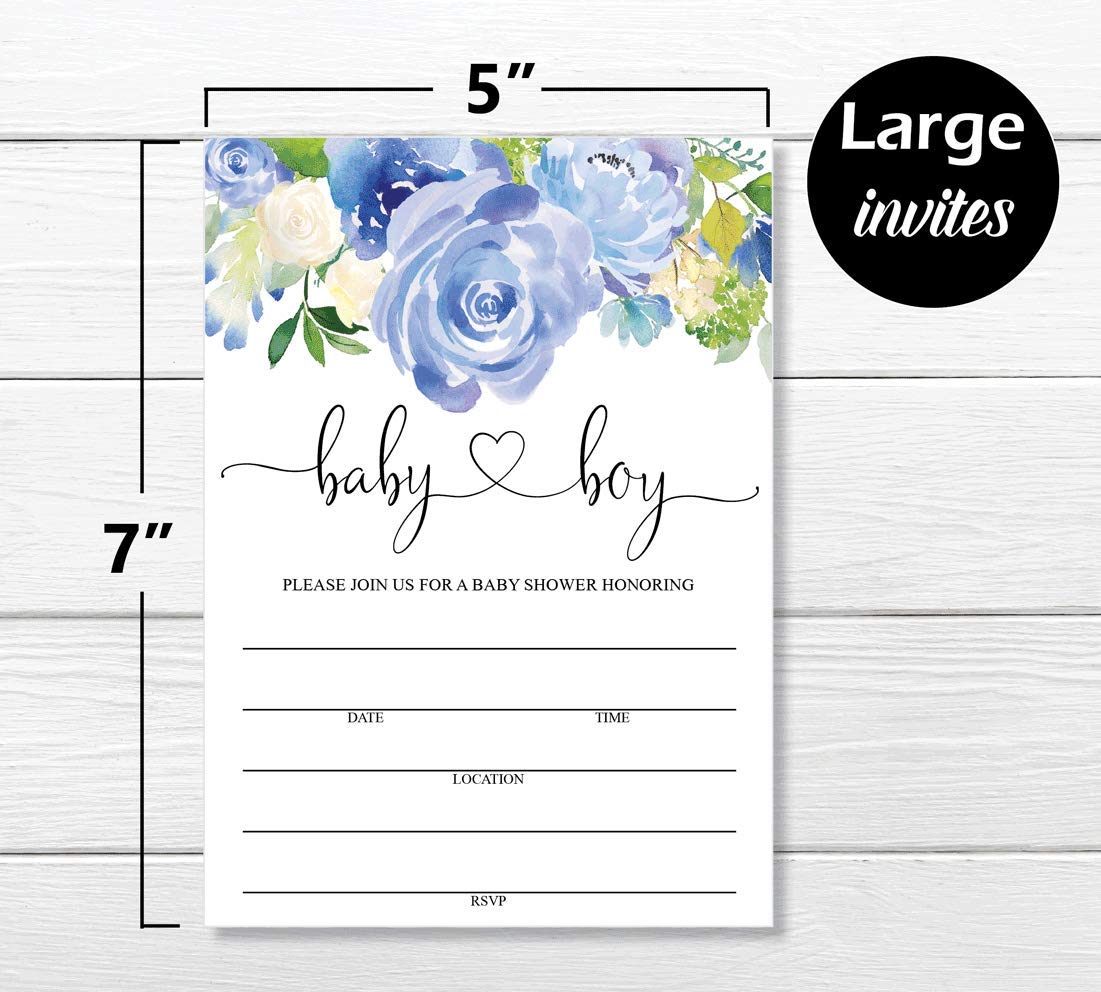 All Ewired Up 50 Blue Floral Baby Shower Invitations with Envelopes (Large Size 5x7) Boy Baby Shower Invite (5X7 Large)