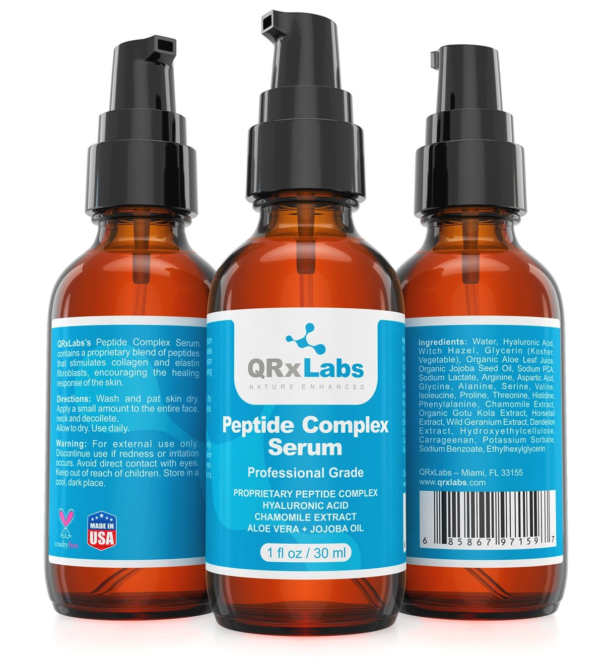 QRxLabs Peptide Complex Serum for Face - Collagen Booster with Hyaluronic Acid & Chamomile Extract - Reduces Wrinkles, Heals & Repairs Skin, Tightening Effect - Hyaluronic Acid Serum for Face