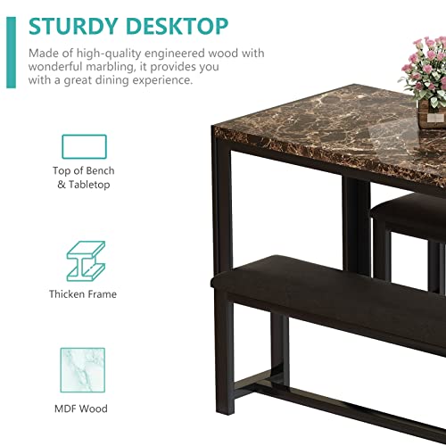 DKLGG Dining Room Table Set for 4, Faux Marble Kitchen Table with 2 PU Leather Upholstered Dining Benches, Upgrade Dinner Table Set for 4-6, Kitchen & Dining Room Tables for Small Space Apartment