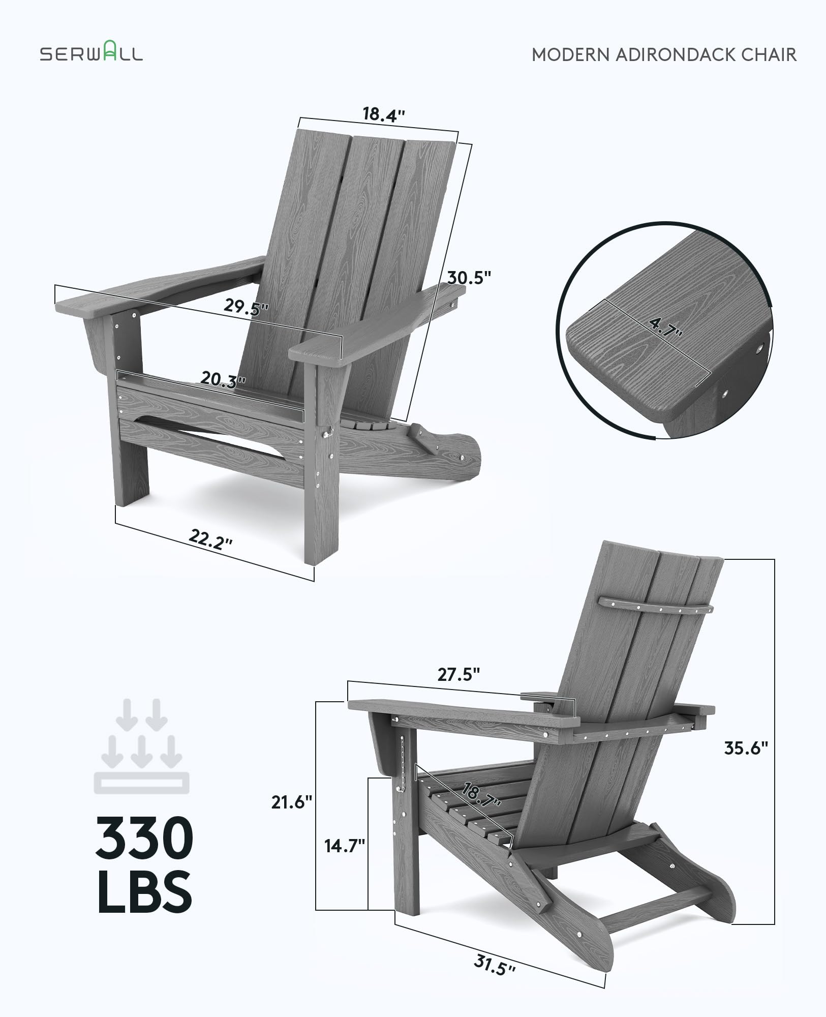 SERWALL Modern Folding Adirondack Chair,Oversized Folding Adirondack Chair with Curved Backrest, HDPE Outdoor Adirondack Chair, Gray
