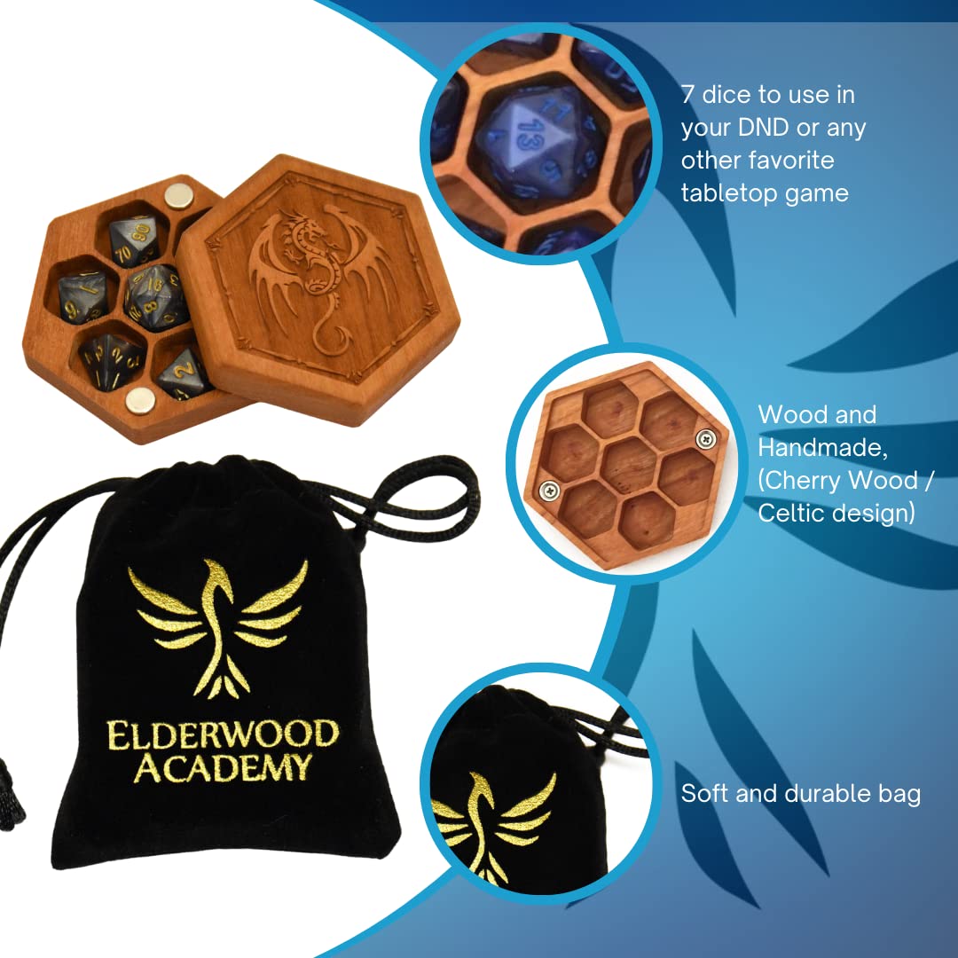 Elderwood Academy Keychain Hex Dice Wood Chest with Magnetic Lid - Perfect for DnD, Magic the Gathering Dice Counters and Any Other Tabletop Games (Mini-Cherry/Dragon)