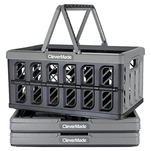 CleverMade Eco 24L Collapsible Reusable Plastic Grocery Shopping Baskets; Small Foldable Storage Crates with Handles, 3 Pack, Stone