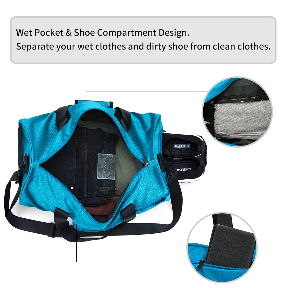 Aokelato Gym Bag,30L Small Sport Duffel bag, with Shoes Compartment & Wet Pocket,Lightweight Waterproof Weekend Bag, Blue Large