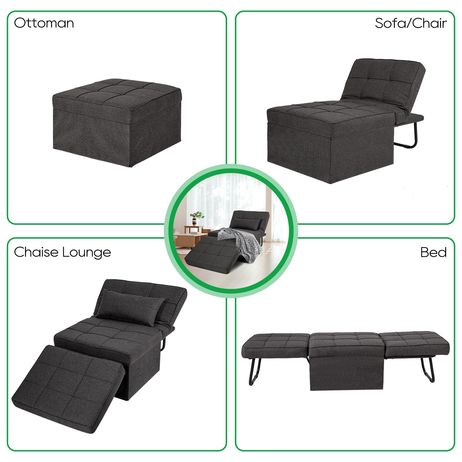 PORWEY Sleeper Chair Bed, 4-in-1 Convertible Futon Ottoman Bed Sleeper, Foldable Sofa Couch with Adjustable Backrest for Guest Room/Office Living Room, No Assembly Required, 29β Width,Gray