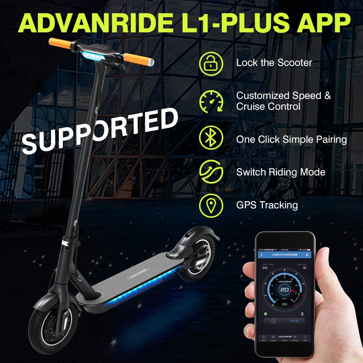 ADVANRIDE Electric Scooter Adults 250lbs UL2272 Certified 10" Solid Tires 19 Miles Range 15.5Mph 350W 36V 7.5Ah Foldable Scooters Electrico para Adultos Commuter Triple Braking System App Lock
