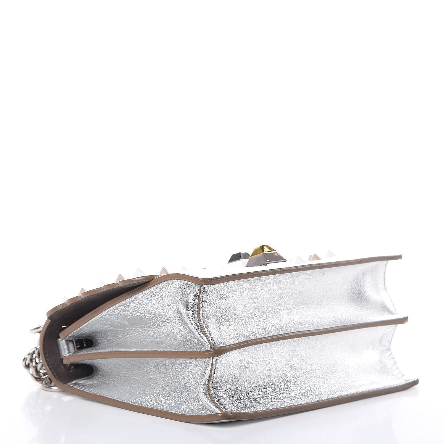 Fendi Kan I Metallic Silver Calfskin Scalloped Studded Small Shoulder Bag 8M0381