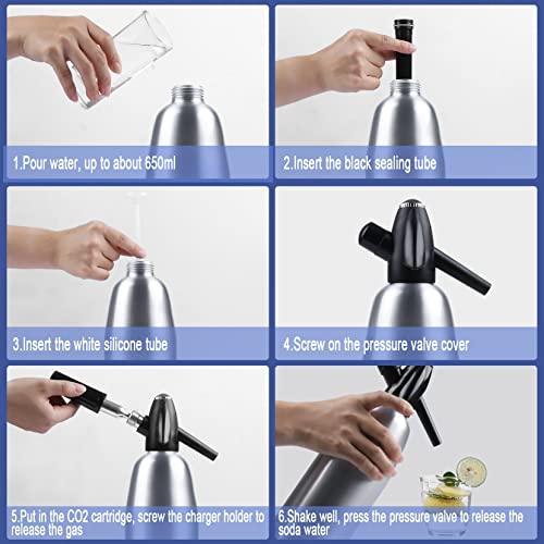 KOUPOURA Soda Siphon, Upgraded 1L Soda Water Siphon Portable Soda Maker Seltzer Water Maker Seltzer Siphon Bottle Kit for Home Bar Club Making Soda Water DIY Soda Drinks (Silver)
