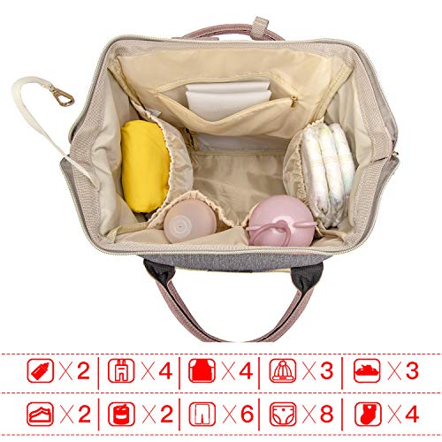 QIMIAOBABY Diaper Bag Backpack,Waterproof Multifunctional Large Travel Nappy Changing Bags… (Pink with gray)