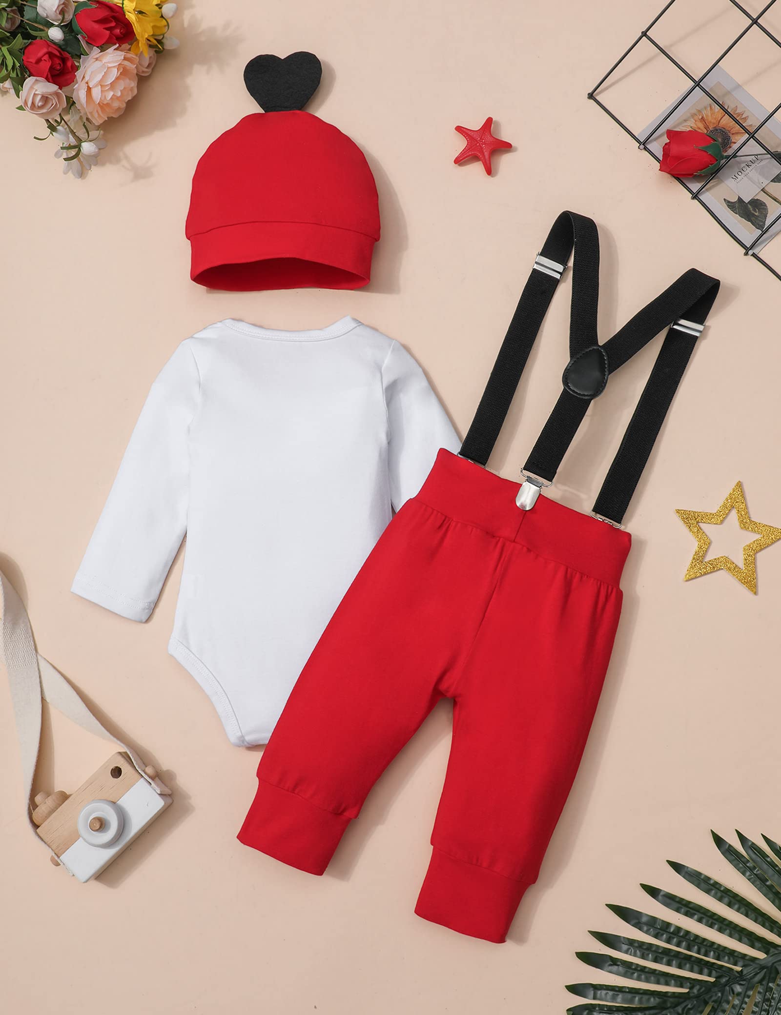 Baby Boy Valentines Day Outfit, Cute Letter Printed Long Sleeve Romper with Bow Tie + Pants + Hat 3Pcs Set
