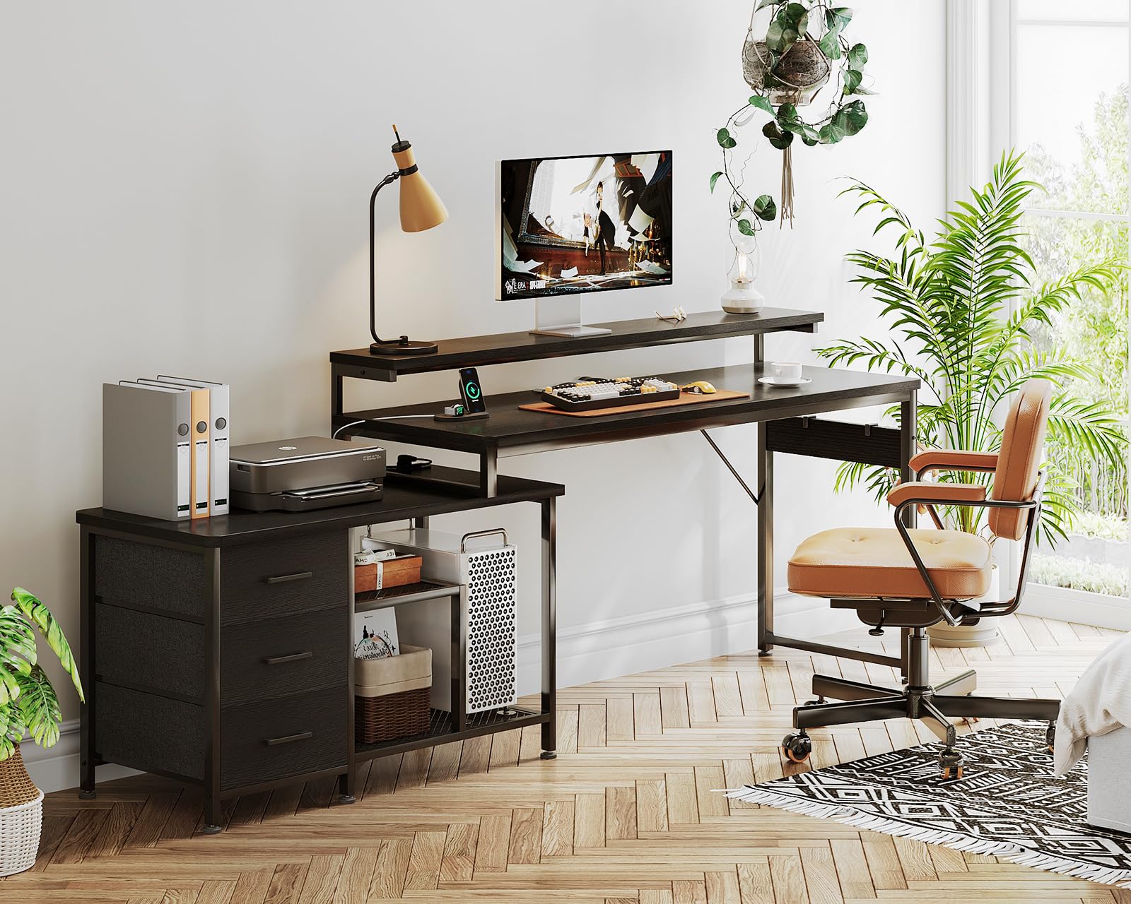 AODK 70 Inch L Shaped Computer Desk with Power Outlets & USB Charging Ports, Reversible L-Shaped Corner Desk with Drawers & Monitor Stand, Home Office Workstation with Storage Cabinet, Rustic Brown
