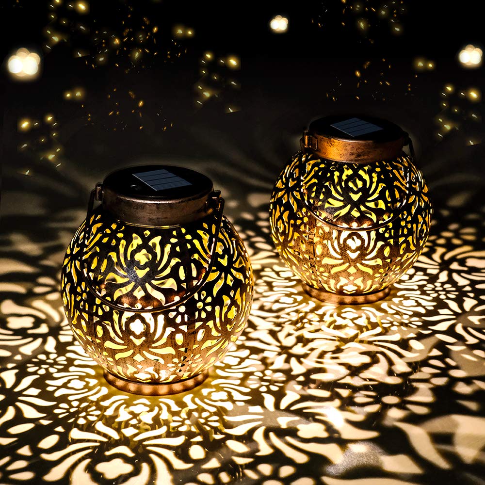 FENGTAI Waterproof Solar Lantern Outdoor, 2 Pack Hanging Lights Decorative Retro Metal Solar Lights for Table Patio Yard Pathway Walkway Garden