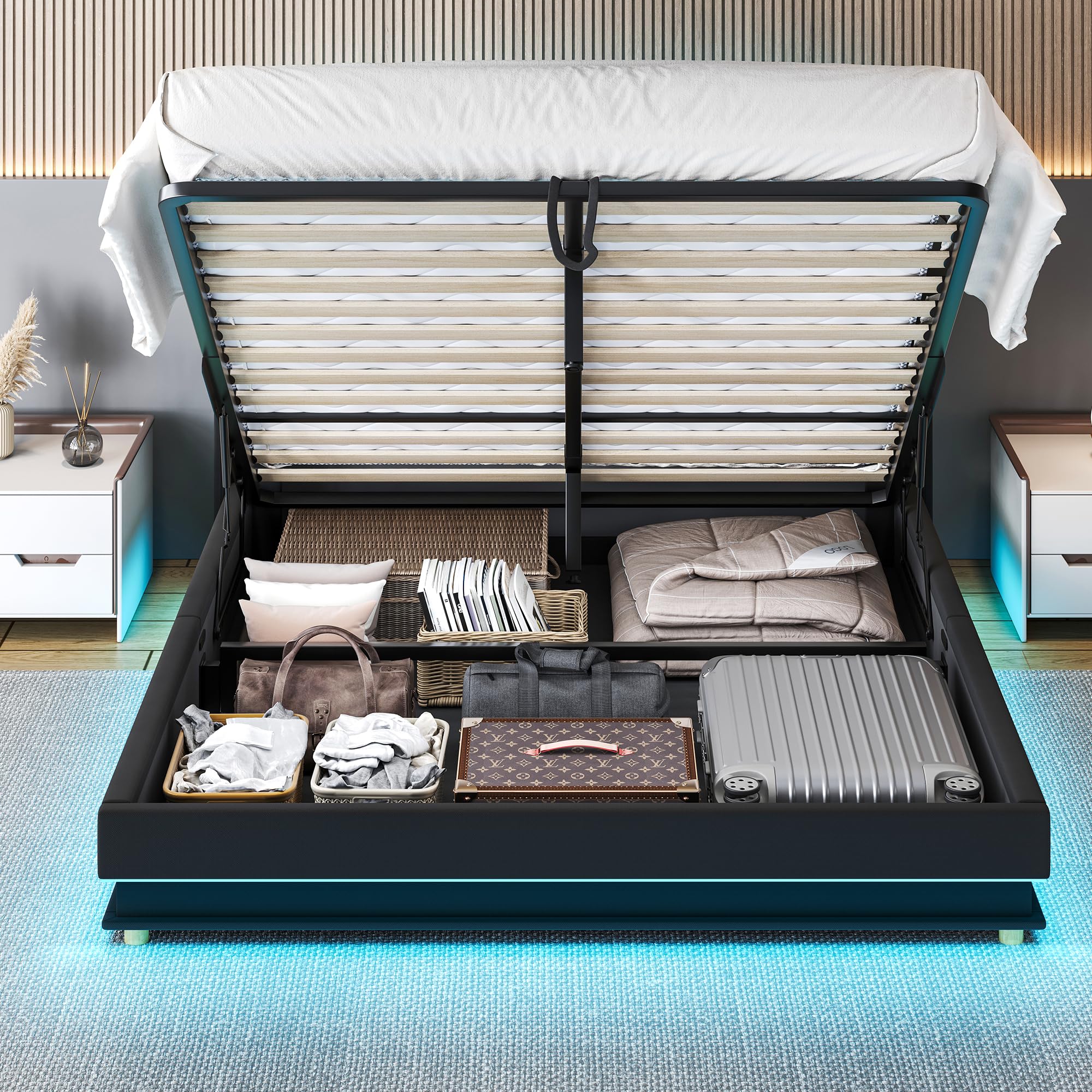 Ailisite King Size Lift Up Storage Bed Frame with Wingback Led Headboard, Upholstered Platform Bed Frame with Hydraulic Lifting Storage&Charging Station, No Spring Box Needed Wood Slats Support
