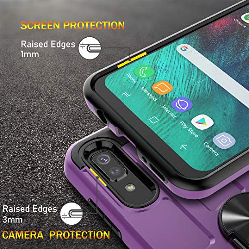 Jeylly Case for Galaxy A20/A50 with Tempered Glass Screen Protector, 360 Rotating Ring Kickstand Holder [Work with Magnetic Car Mount] Armor Defender Shockproof Phone Case for Samsung A20/A30, Purple