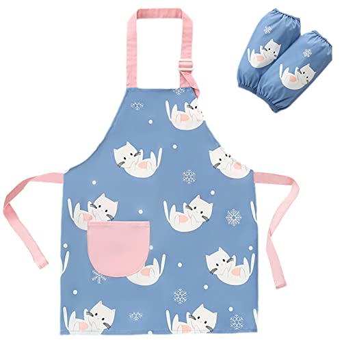 FUSOTO Cat Kids Aprons for Boys Girls, Arts and Crafts for Kids, Kids Kitchen Cooking Waterproof Apron for Ages 6-12, Kids Artist Painting Apron with Pockets