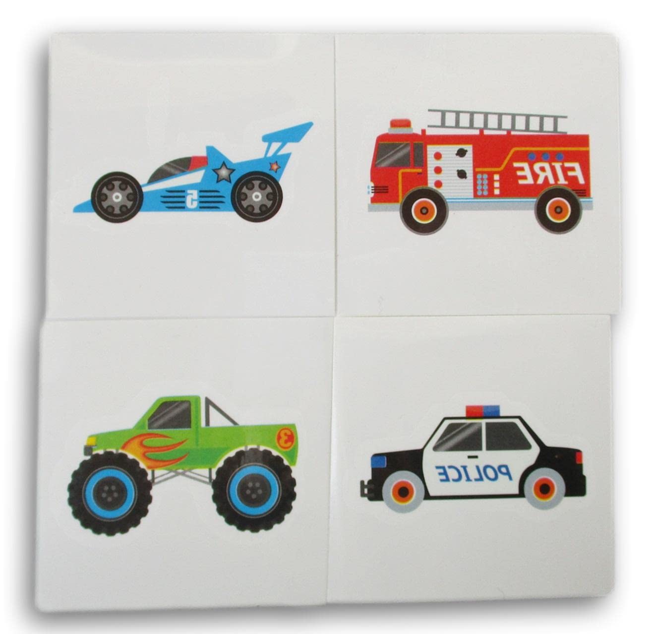 Party Supply Cars and Trucks Party Favors - Temporary Tattoos - Monster Truck, Racecar, Fire Truck, Police Car - 24 Cute Square Tattoos