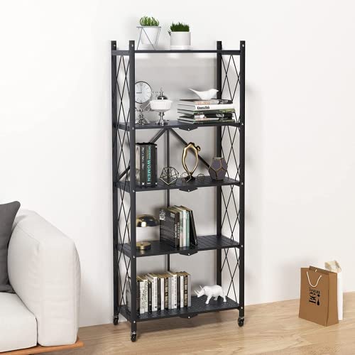 TIOPSUUO 5-Shelf Foldable Storage Shelf Unit on Wheels (No Assembly) Large Capacity Shelving Unit Steel for Kitchen, Garage, Basement, Pantry,Heavy Duty Steel Shelving Organizer Rack