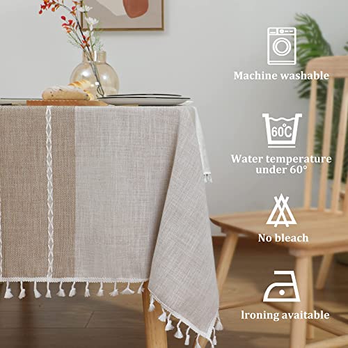 JIALE Tablecloths for Rectangle Tables, Cotton Linen Table Cloth Waterproof Tablecloth Wrinkle Free Farmhouse Dining Table Cover, Soft Fabric Table Cloths with Tassels, Brown, 55" X 70", 4-6 Seats