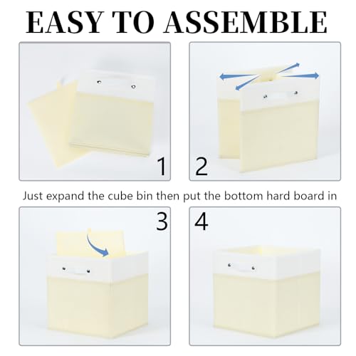 Bidtakay Collapsible Storage Bins 4-Pack Fabric Storage Cube Organizer with Handles 11x11x11 Inches Lightweight Clothes Baskets Waterproof Small Storage Cube Bins with Hard Board White/ Light Beige