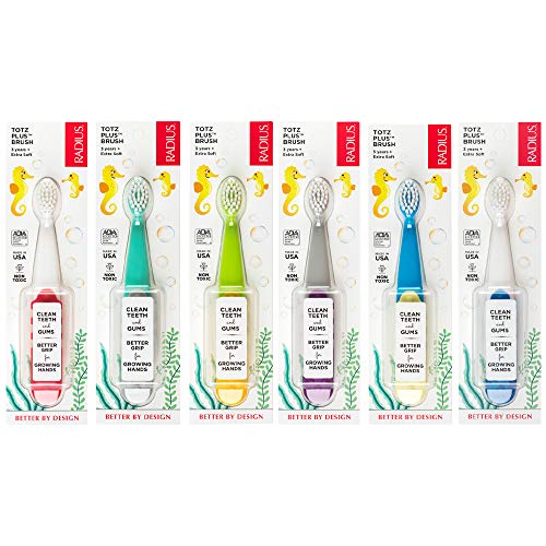 RADIUS Totz Plus Brush Kids Toothbrush Silky Soft BPA Free ADA Accepted Designed for Delicate Teeth & Gums for Children 3 Years & Up - Assorted - Pack of 6