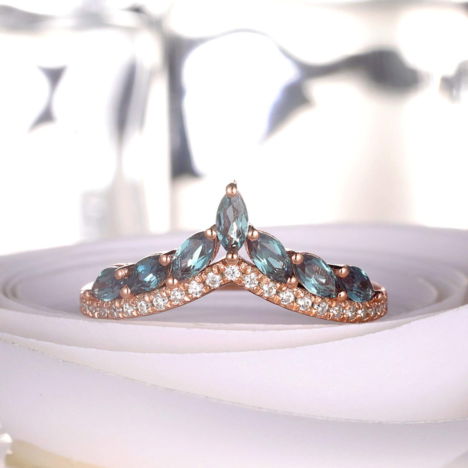 Alexandrite Sterling Silver Rose Gold CZ Diamond Wedding Band Stackable Matching Stacking Engagement Bridal Ring Statement Women Curved Chevron