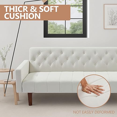 Fangflower Beige Tufted Back Sofa Bed Mid-Century Convertible Sleeper Futon with Tapered Wood Legs for Living Room Apartment Lounge