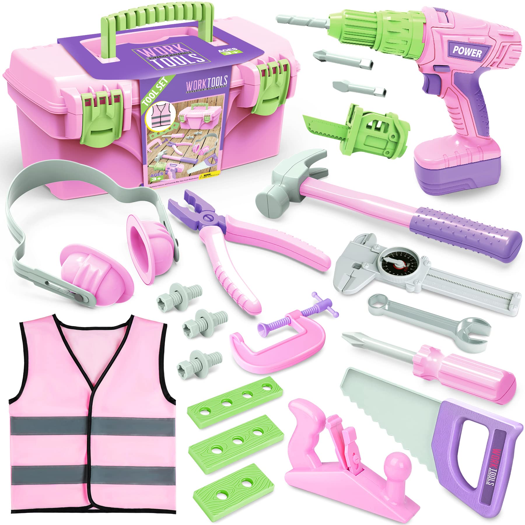 Kids Tool Set with Electric Toy Drill Tool Box for Girls, Pink Toddler Tool Set Kids Power Construction Pretend Play Tools Set Toy Hammer Tools Kit for 3 4 5 6 7 8 Year Old Girls Boy Kids Toddlers Toy