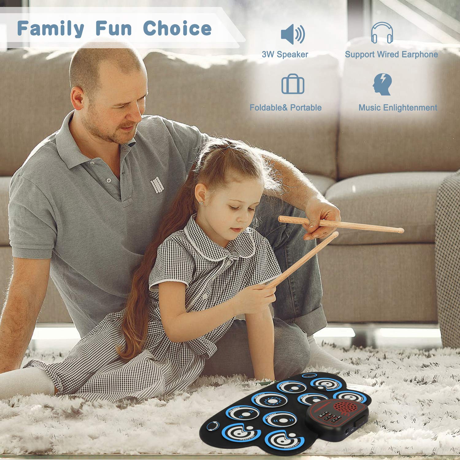 Electronic Drum Set Kids Foldable Practice Drum Pad Rechargeable Drum Kit, Built in Speakers Foot Pedals,Drum Sticks, Birthday Gift for Beginners (Blue)